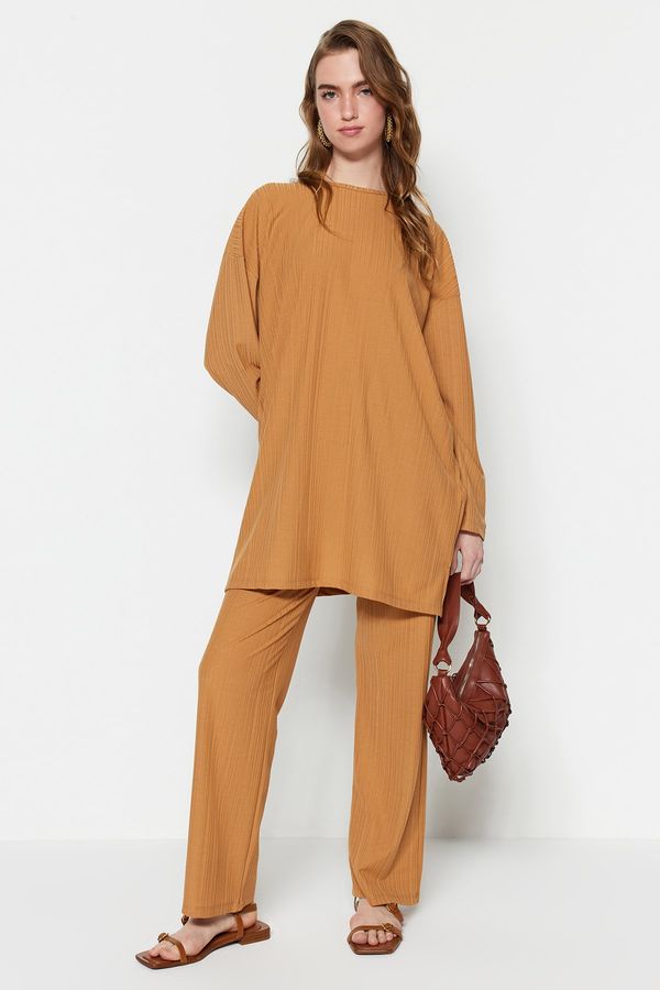 TRENDYOL CAMEL PLEATED TUNIC-PANTS KNITTED SET