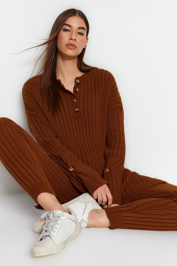 TRENDYOL DARK BROWN RIBBED TROUSERS KNITWEAR TWO PIECE SET