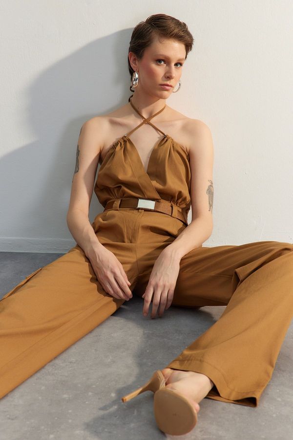 TRENDYOL LIMITED EDITION CAMEL BELTED WOVEN OVERALLS