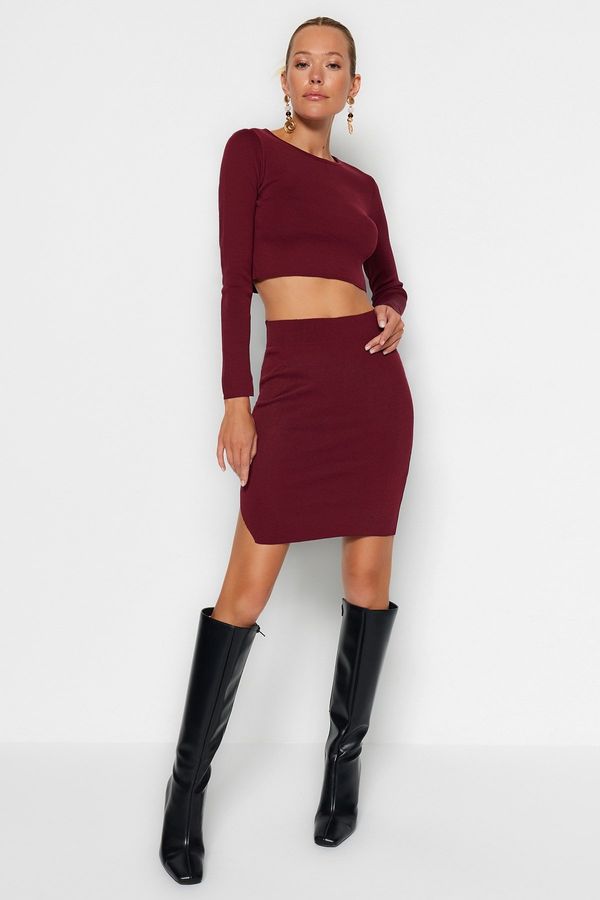 TRENDYOL BURGUNDY SUPER CROP SKIRT KNITWEAR TWO PIECE SET