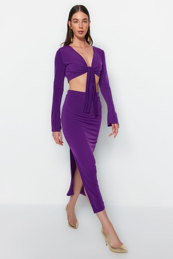 TRENDYOL PURPLE LACE-UP DETAIL SUPER CROP AND MIDI FLEXIBLE KNITTED TOP AND BOTTOM SET