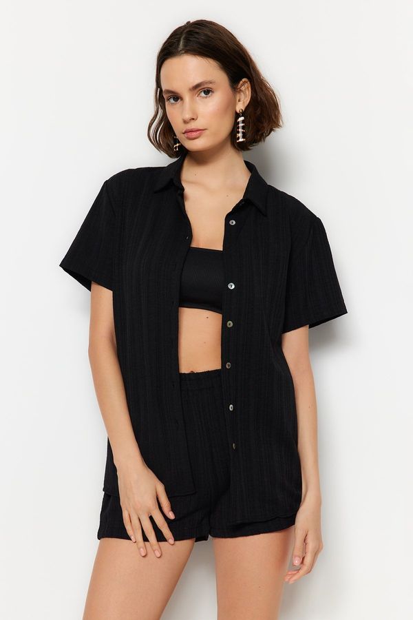 TRENDYOL BLACK WOVEN LINEN BLENDED SHIRT SHORTS SET