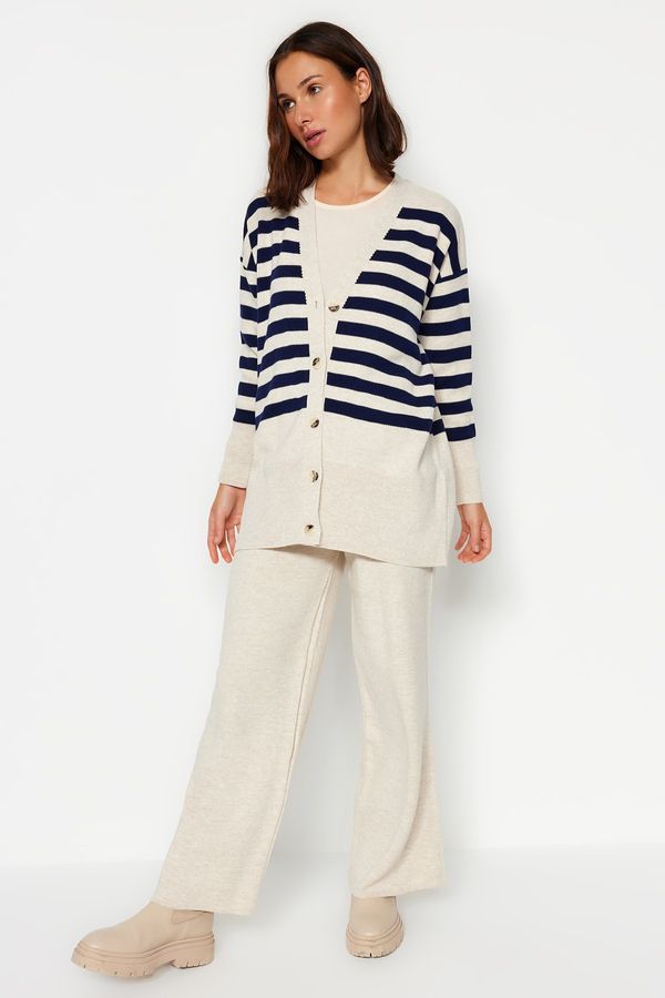 TRENDYOL BEIGE BUTTON DETAILED JACQUARD STRIPED CARDIGAN TROUSERS KNITWEAR TWO PIECE SET