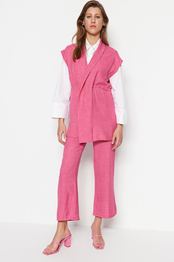 TRENDYOL FUCHSIA INSIDE TIE LINEN LOOK KIMONO-PANTS SUIT