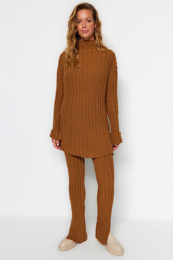 TRENDYOL BROWN RIBBED BASIC TROUSERS KNITWEAR TWO PIECE SET