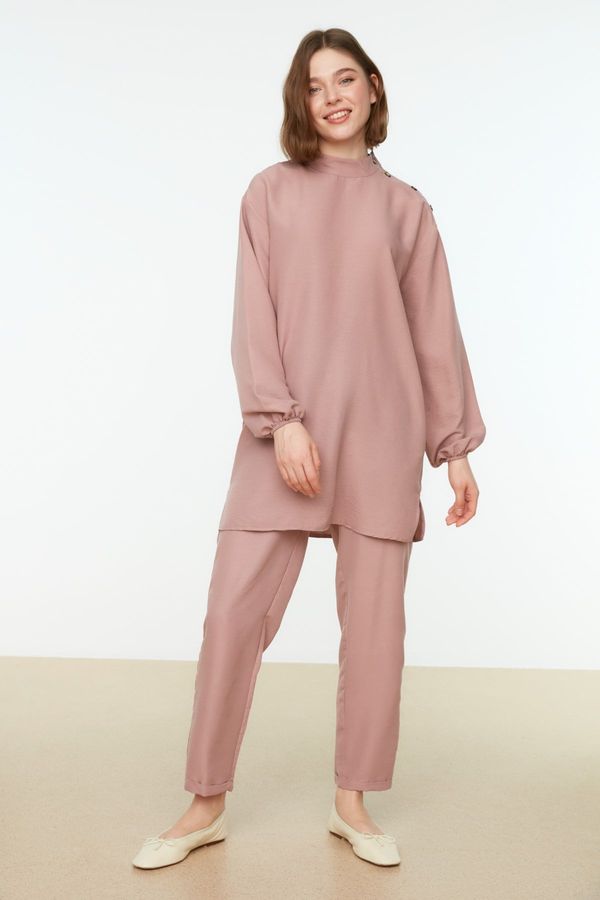 TRENDYOL DRIED ROSE SHOULDER DETAILED TUNIC-PANTS WOVEN SUIT