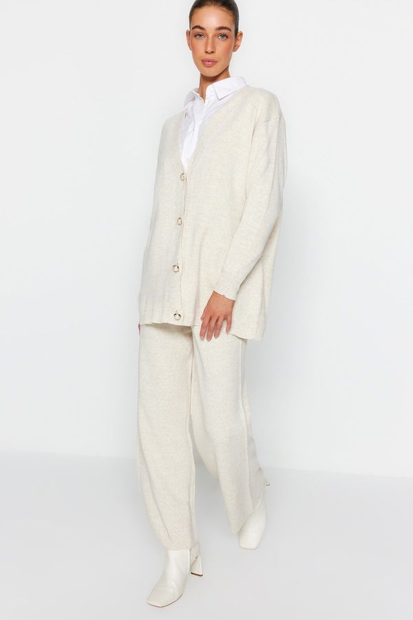TRENDYOL STONE PEARL BUTTONED KNITWEAR CARDIGAN-TROUSERS TWO PIECE SET