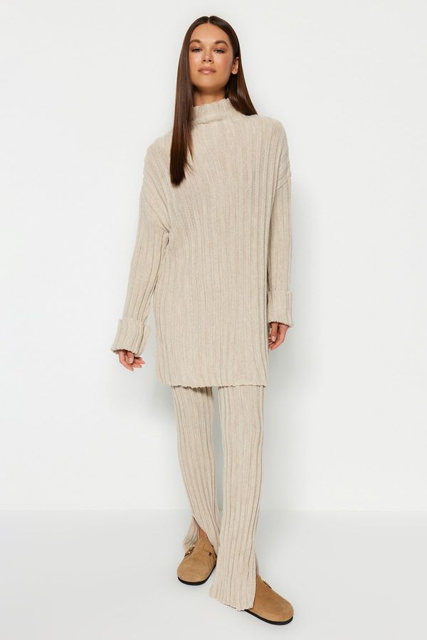TRENDYOL STONE RIBBED BASIC TROUSERS KNITWEAR TWO PIECE SET