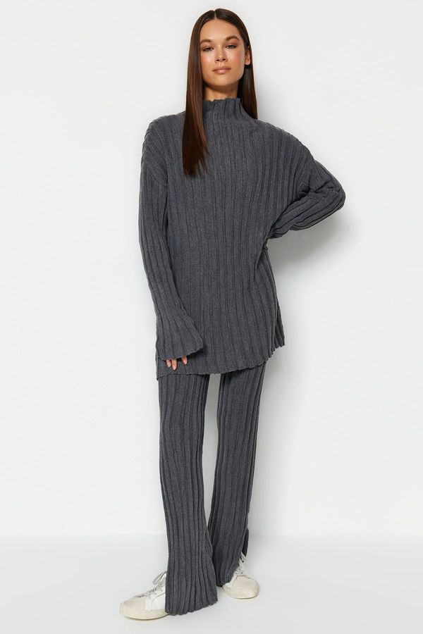 TRENDYOL ANTHRACITE RIBBED BASIC TROUSERS KNITWEAR TWO PIECE SET