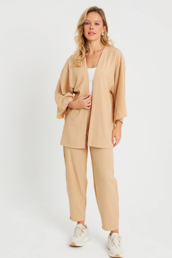 COOL & SEXY WOMEN'S CRESS KIMONO SUIT CAMEL Q983