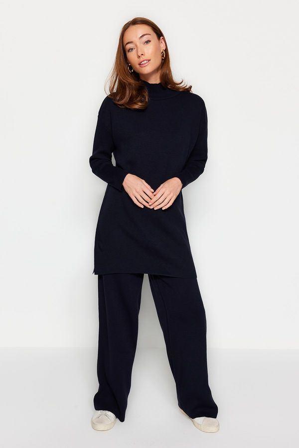 TRENDYOL DARK NAVY BLUE SLIT WIDE LEG KNITWEAR TWO PIECE SET