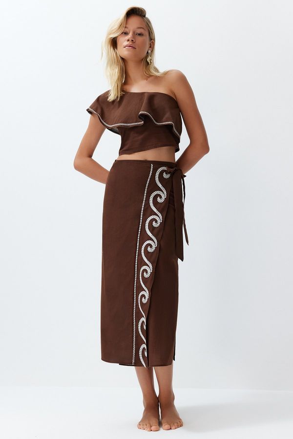 TRENDYOL BROWN WOVEN FLOUNCE ONE-SHOULDER 100% COTTON BLOUSE AND SKIRT SUIT