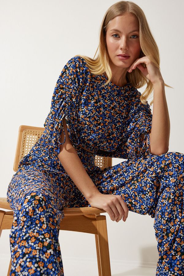HAPPINESS İSTANBUL WOMEN'S BLUE ORANGE PATTERNED BLOUSE PALAZZO KNITTED SUIT