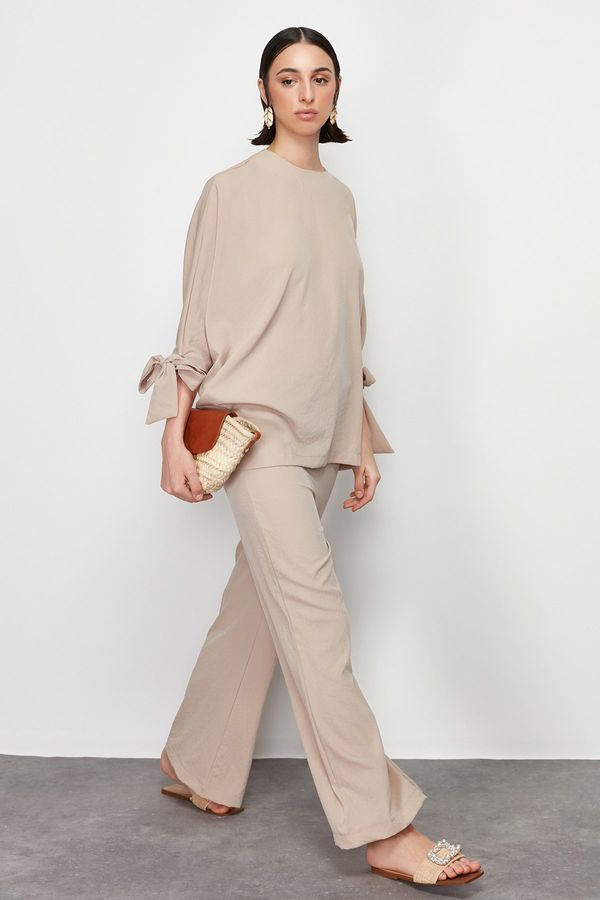 TRENDYOL BEIGE BAT SLEEVE WOVEN AEROBIN TUNIC-PANTS SUIT