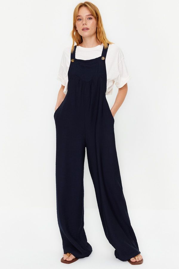TRENDYOL NAVY BLUE WIDE LEG MAXI GILET WOVEN LINEN LOOK JUMPSUIT