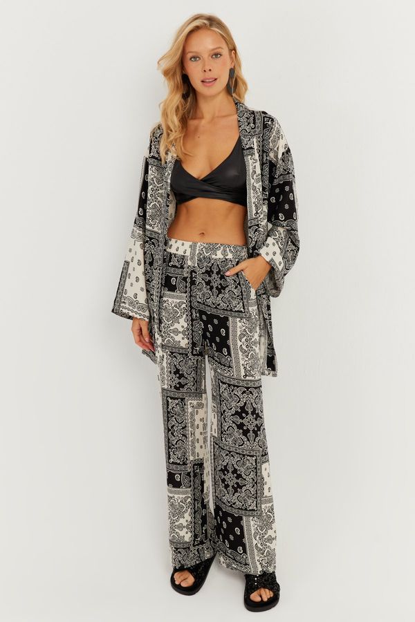 COOL & SEXY WOMEN'S BLACK-ECRU PATTERNED KIMONO SUIT GÖ156