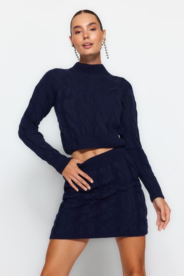 TRENDYOL NAVY BLUE CROP HIGH NECK KNITWEAR TWO PIECE SET