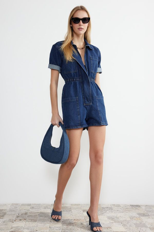 TRENDYOL DARK BLUE ELASTIC WAIST DENIM SHORTS OVERALLS