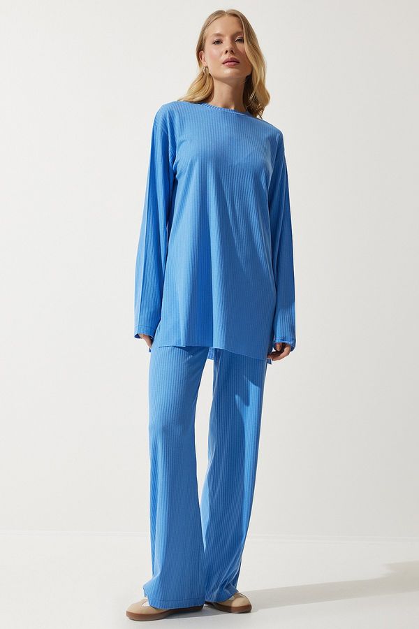 HAPPINESS İSTANBUL WOMEN'S SKY BLUE RIBBED KNITTED BLOUSE PANTS SUIT