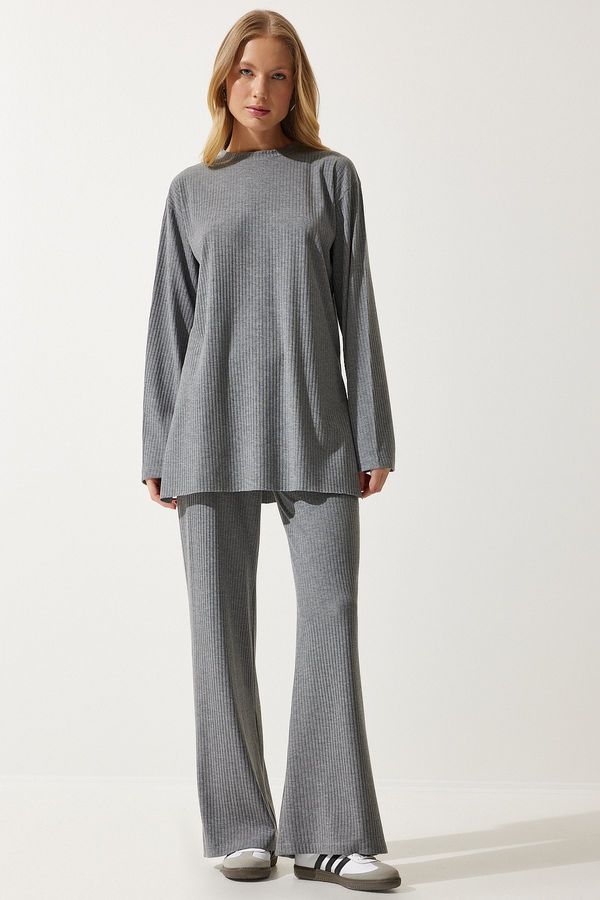 HAPPINESS İSTANBUL WOMEN'S GRAY RIBBED KNITTED BLOUSE PANTS SUIT