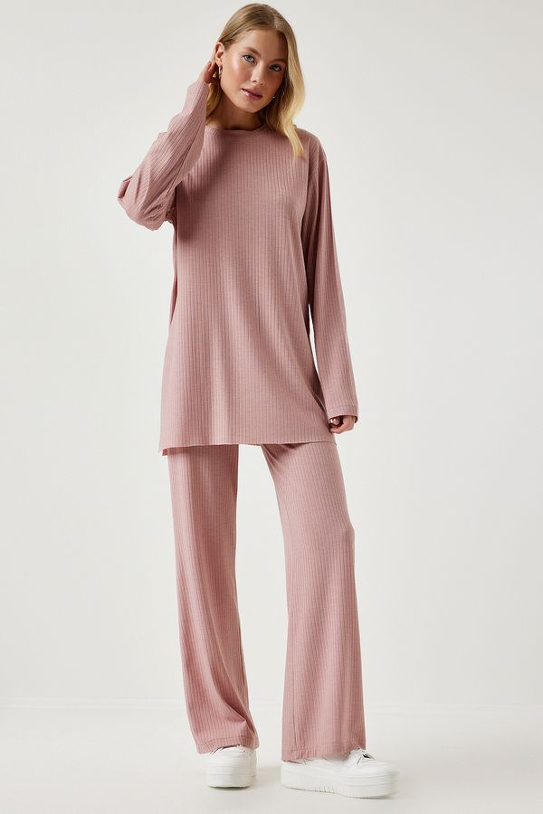 HAPPINESS İSTANBUL WOMEN'S POWDER RIBBED KNITTED BLOUSE WITH TROUSERS SUIT