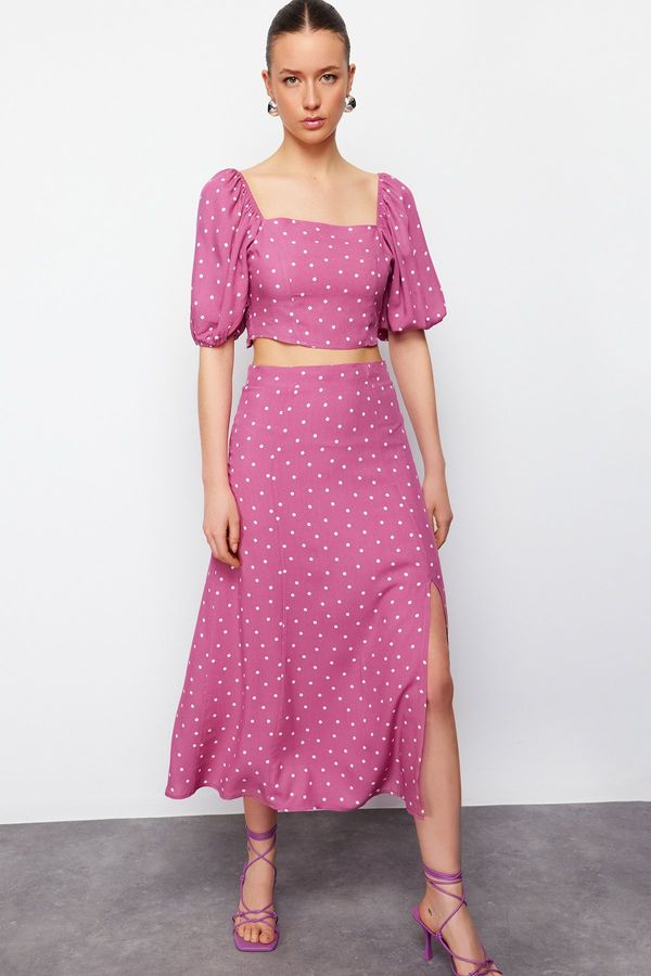 TRENDYOL DAMSON SLIT MIDI VISCOSE WOVEN POLKA DOT TWO PIECE SET