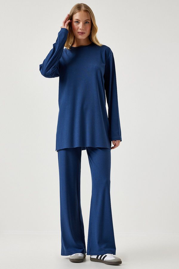 HAPPINESS İSTANBUL WOMEN'S NAVY BLUE RIBBED KNITTED BLOUSE PANTS SUIT