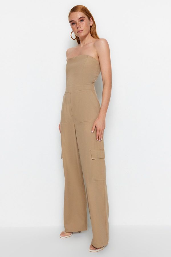 TRENDYOL CAMEL CARGO POCKET STRAPLESS COLLAR WOVEN JUMPSUIT
