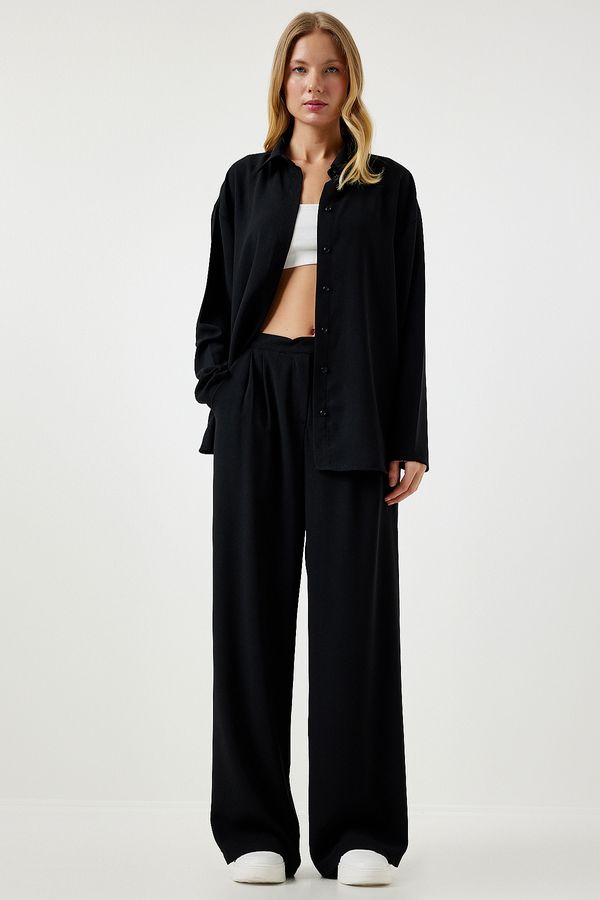 HAPPINESS İSTANBUL WOMEN'S BLACK SEASONAL WOVEN SHIRT PALAZZO PANTS SUIT
