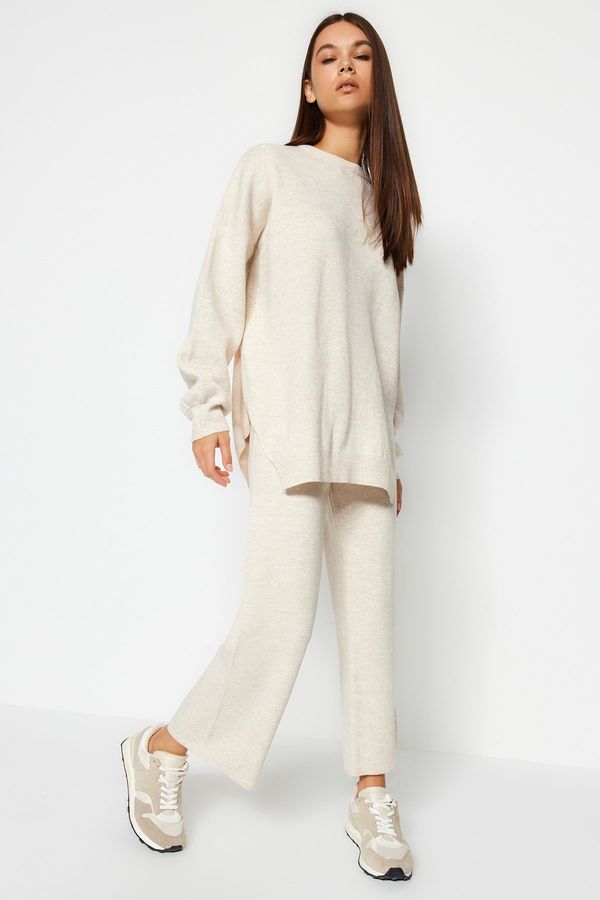 TRENDYOL BEIGE WIDE FIT BALLOON SLEEVES KNITWEAR TOP AND BOTTOM SET