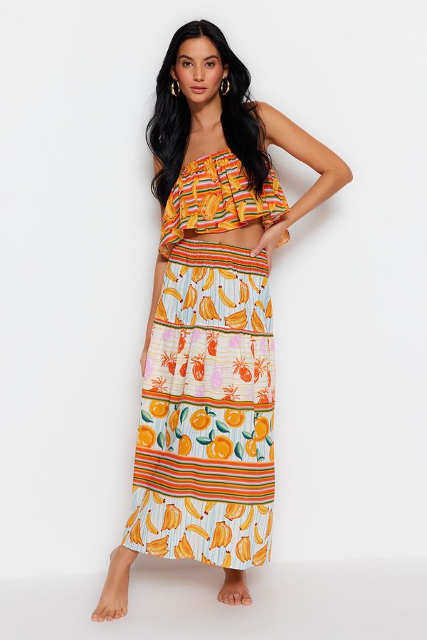 TRENDYOL FRUIT PATTERNED WOVEN RUFFLES 100% COTTON BLOUSE AND SKIRT SET