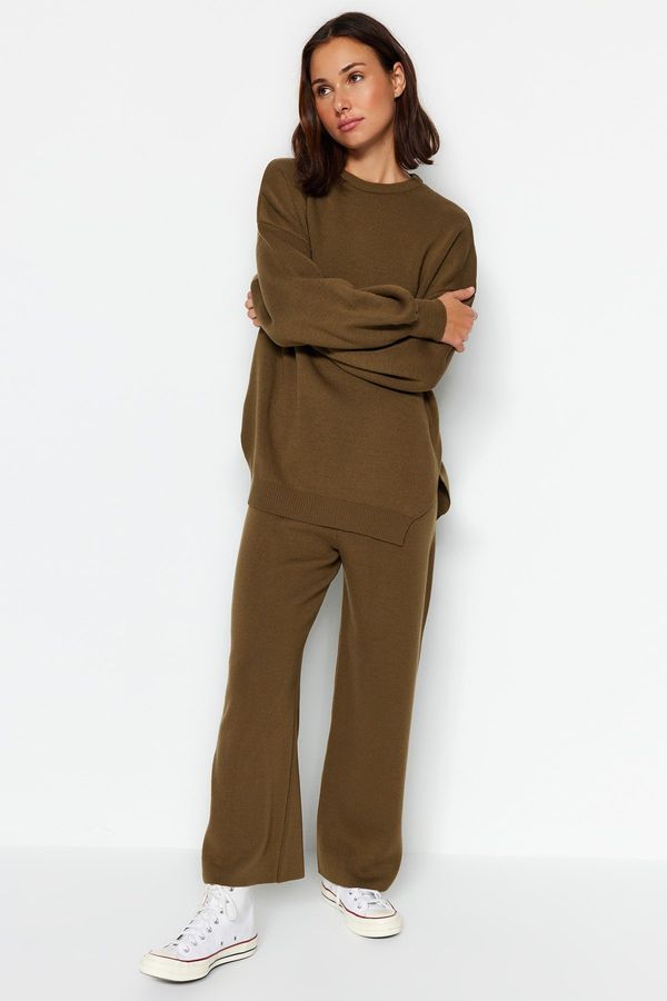 TRENDYOL KHAKI WIDE FIT BALLOON SLEEVES KNITWEAR TOP AND BOTTOM SET