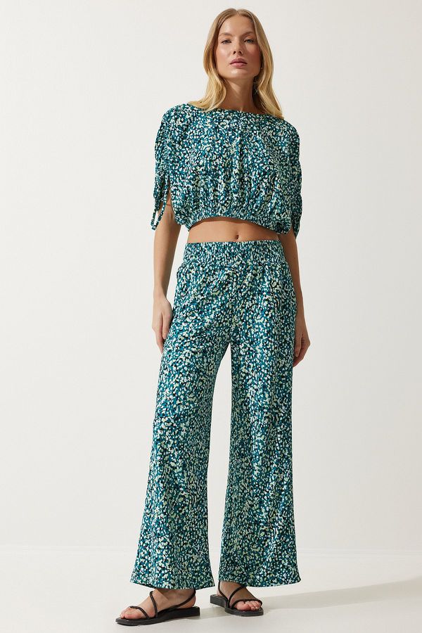 HAPPINESS İSTANBUL WOMEN'S GREEN PATTERNED BLOUSE PALAZZO KNITTED SUIT