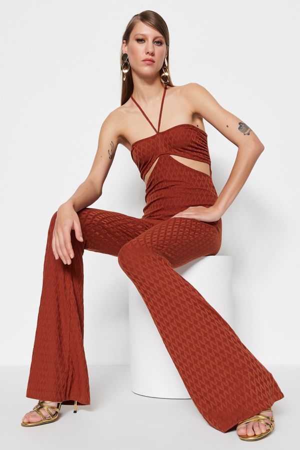 TRENDYOL CINNAMON KNITTED OVERALLS WITH WINDOW/CUT OUT DETAILED, TEXTURED AND PATTERNED