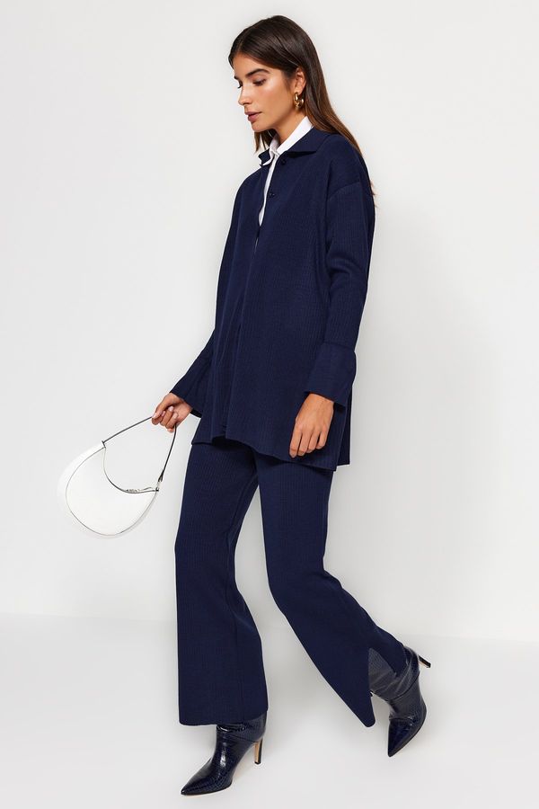 TRENDYOL NAVY BLUE SLIT DETAILED CARDIGAN-PANTS KNITWEAR SUIT