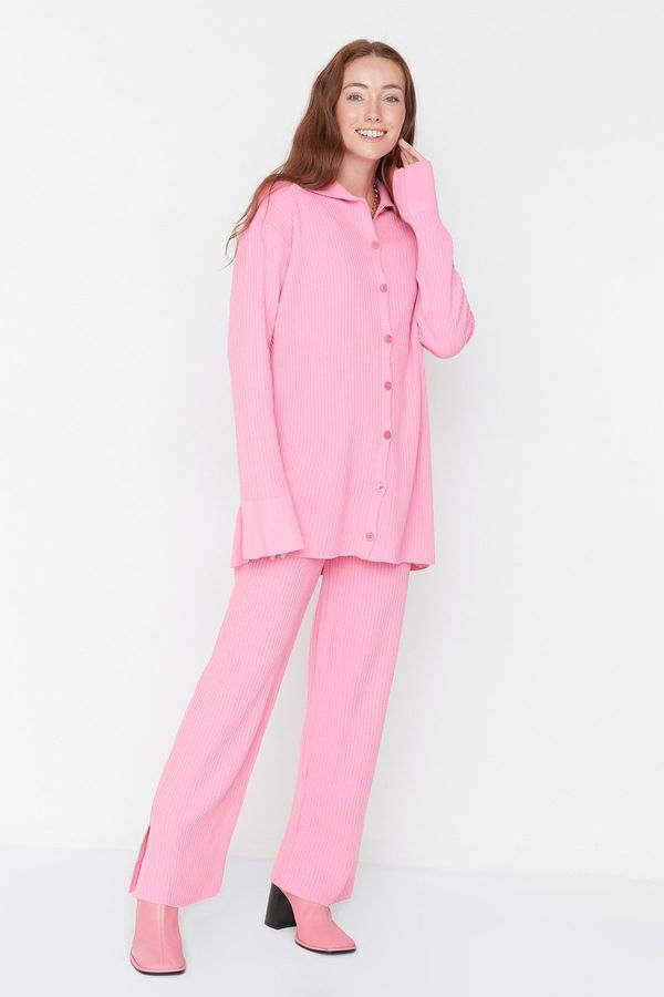 TRENDYOL PINK SLIT DETAILED CARDIGAN-PANTS KNITWEAR SET
