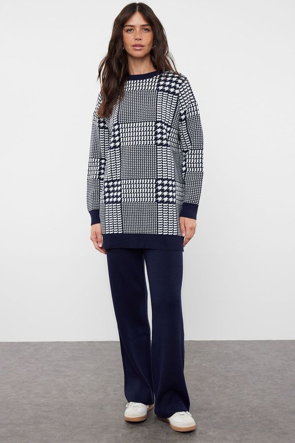 TRENDYOL NAVY BLUE HOUNDSTOOTH PATTERNED SWEATER-PANTS KNITWEAR SET