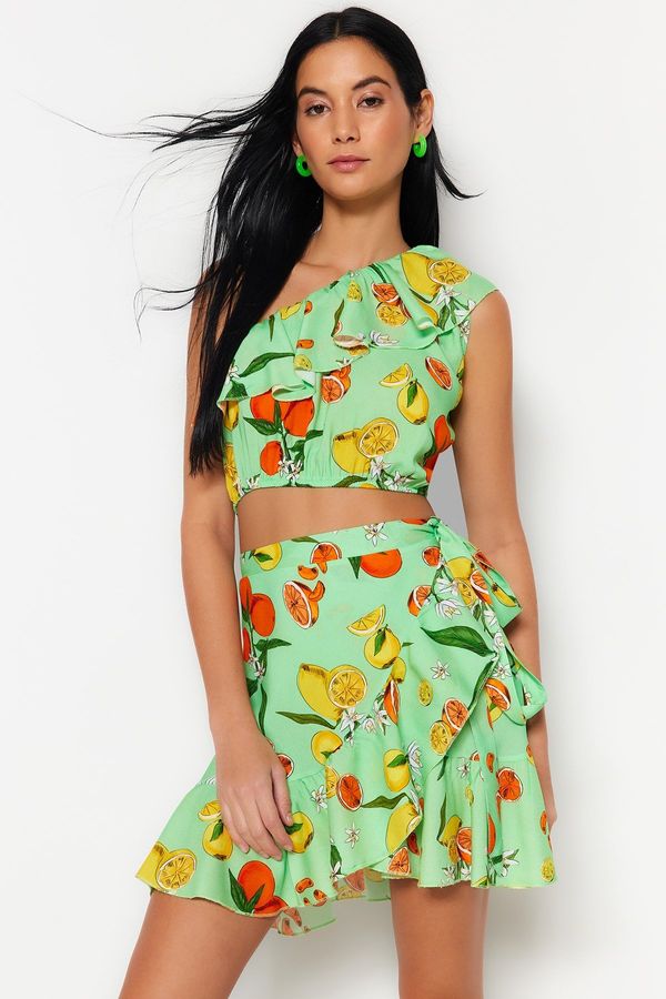 TRENDYOL FRUIT PATTERNED WOVEN RUFFLE ONE-SHOULDER BLOUSE AND SKIRT SET