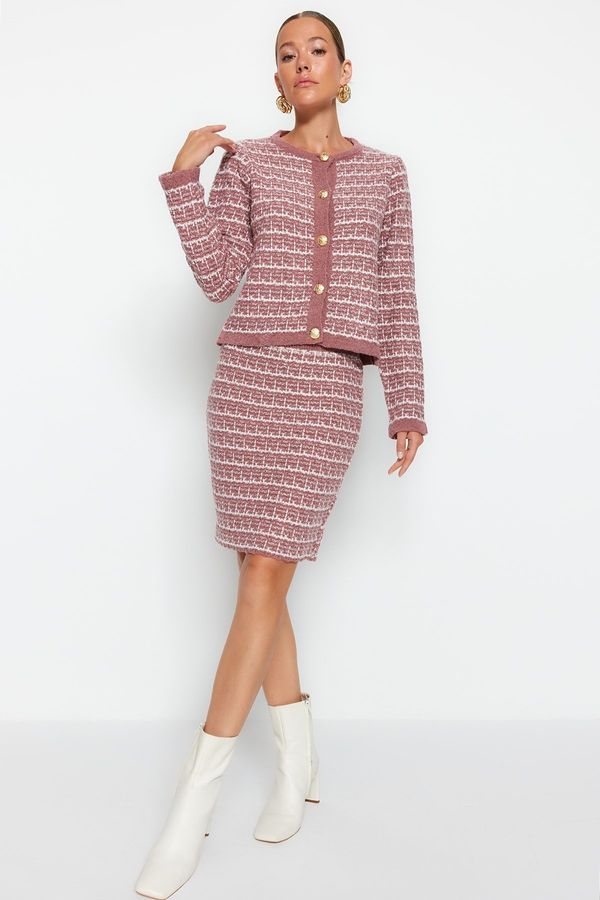TRENDYOL DUSTY ROSE KNITTED DETAIL CARDIGAN-SKIRT KNITWEAR BOTTOM-TOP SET