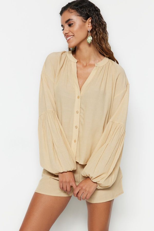 TRENDYOL BEIGE WOVEN 100% COTTON SHIRT SHORTS SUIT