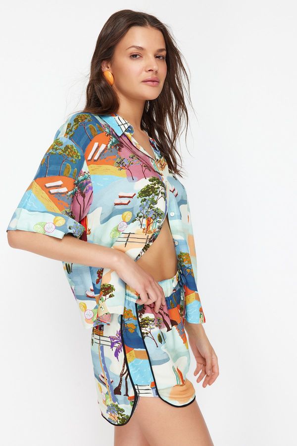 TRENDYOL LANDSCAPE PATTERNED WOVEN SHIRT SHORTS SET