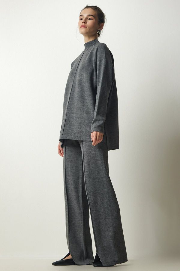 HAPPINESS İSTANBUL WOMEN'S GRAY STYLISH KNITWEAR SWEATER PANTS SUIT