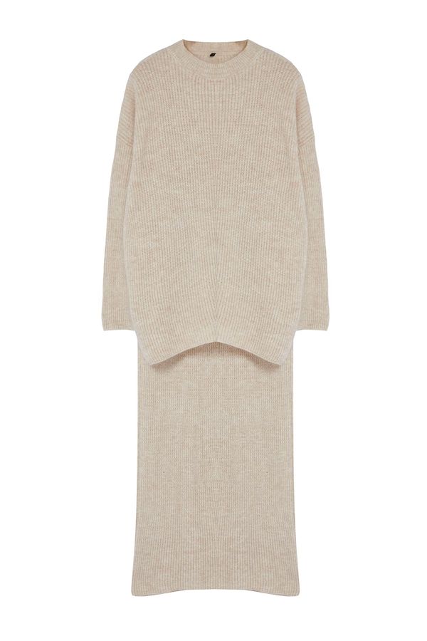 TRENDYOL CURVE BEIGE HIGH COLLAR CORDUROY KNITWEAR BOTTOM-TOP SET