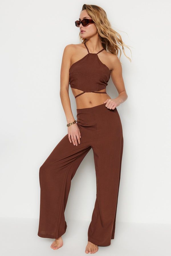 TRENDYOL BROWN WOVEN TIE BLOUSE TROUSER SUIT