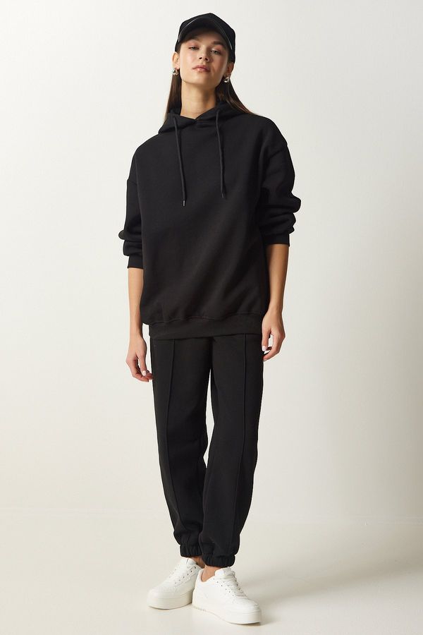 HAPPINESS İSTANBUL WOMEN'S BLACK HOODED SHAWL KNITTED TRACKSUIT SET