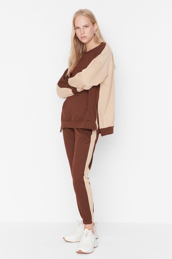 TRENDYOL BROWN COLOR BLOCK THIN KNITTED TRACKSUIT SET