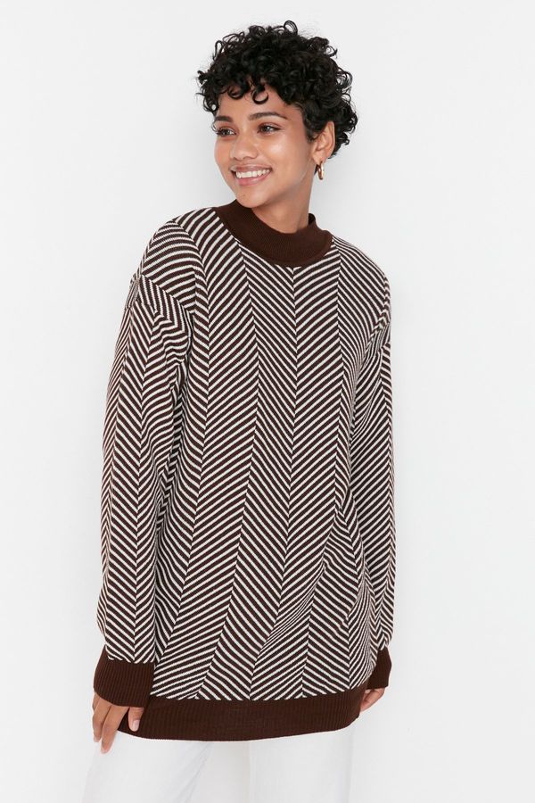 Trendyol Brown Striped Stand Up Knitwear Sweater