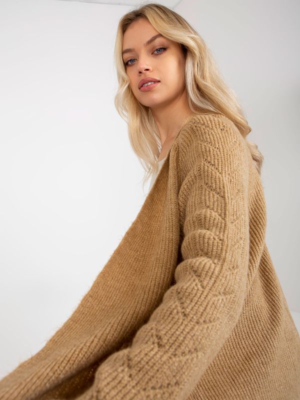 CAMEL MAXI CARDIGAN WITH OPENWORK PATTERN
