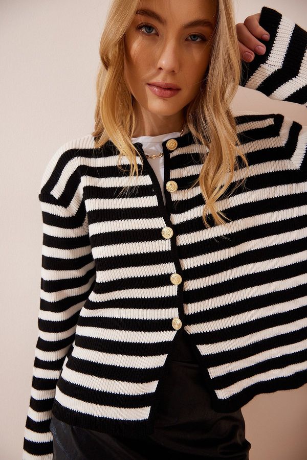 HAPPINESS İSTANBUL WOMEN'S BONE BLACK WADDING STRIPED KNITWEAR CARDIGAN