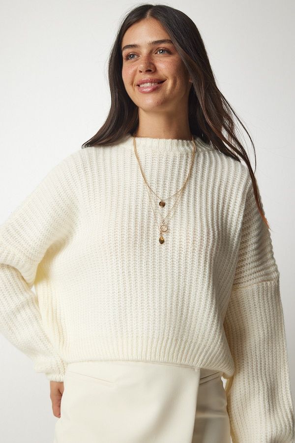HAPPINESS İSTANBUL WOMEN'S BONE BALLOON SLEEVE BASIC KNITWEAR SWEATER